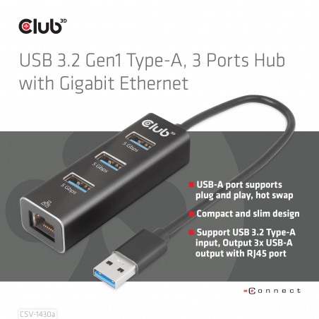 30,90 € | CLUB3D USB 3.2 Gen1 Type-A, 3 Ports Hub with Gigabit Ethe...